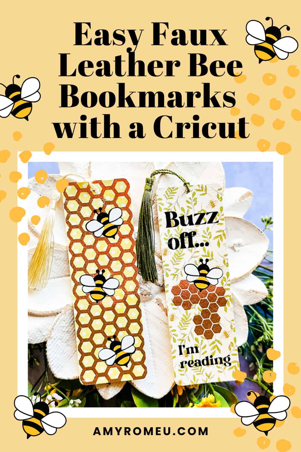 How to Make Faux Leather Bee Bookmarks with a Cricut - Amy Romeu